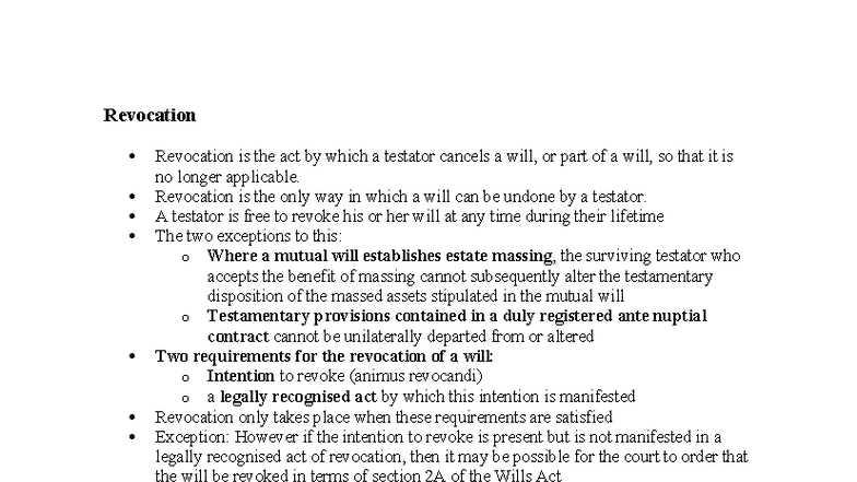 Revocation of Wills: Key Concepts and Legal Principles - Studocu