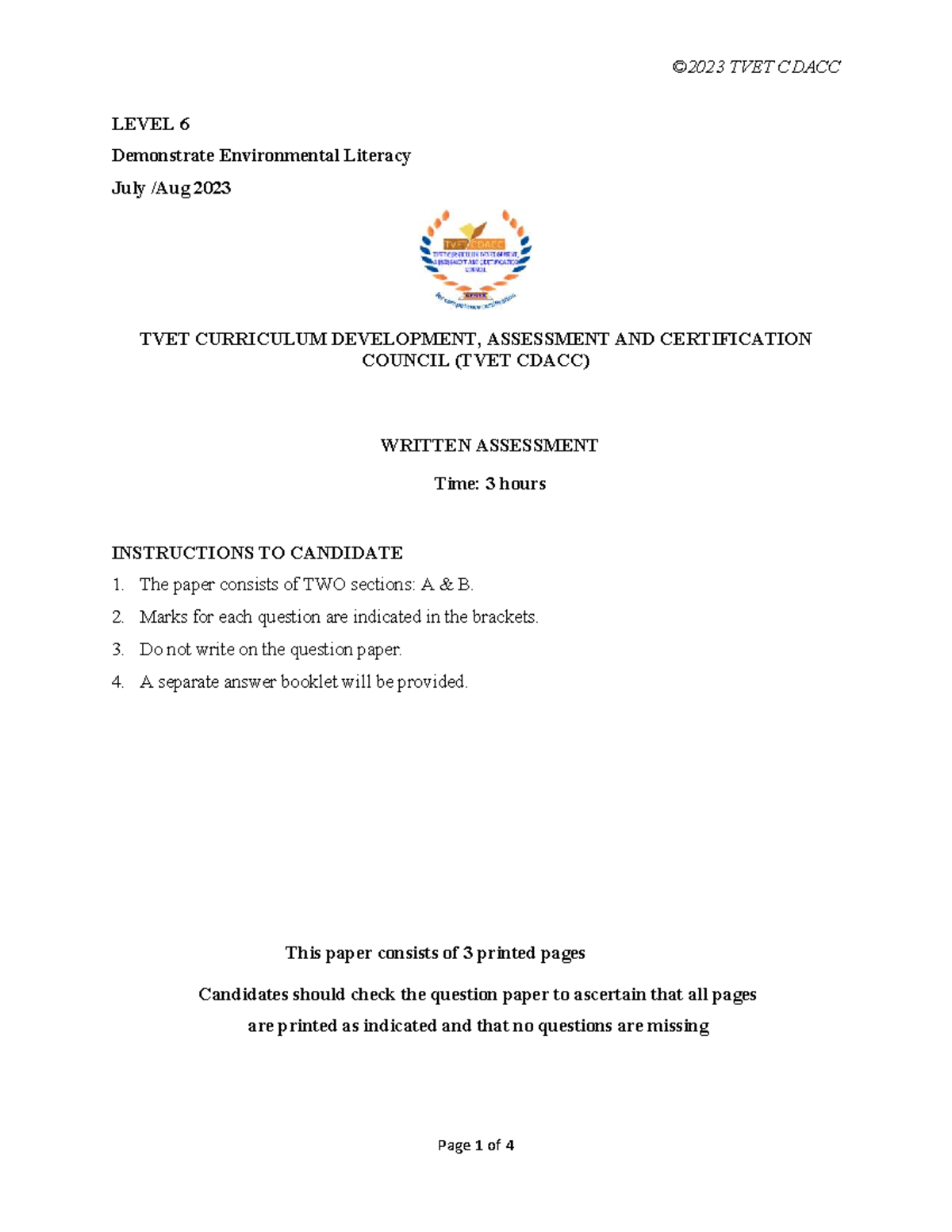 Environmental Literacy Assessment L6 - July/Aug 2023 - Studocu