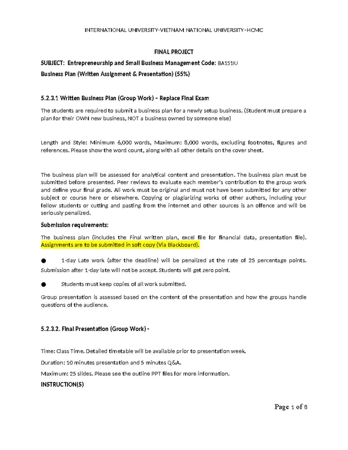 BA151IU Business Plan Outline for Entrepreneurship Project - Studocu