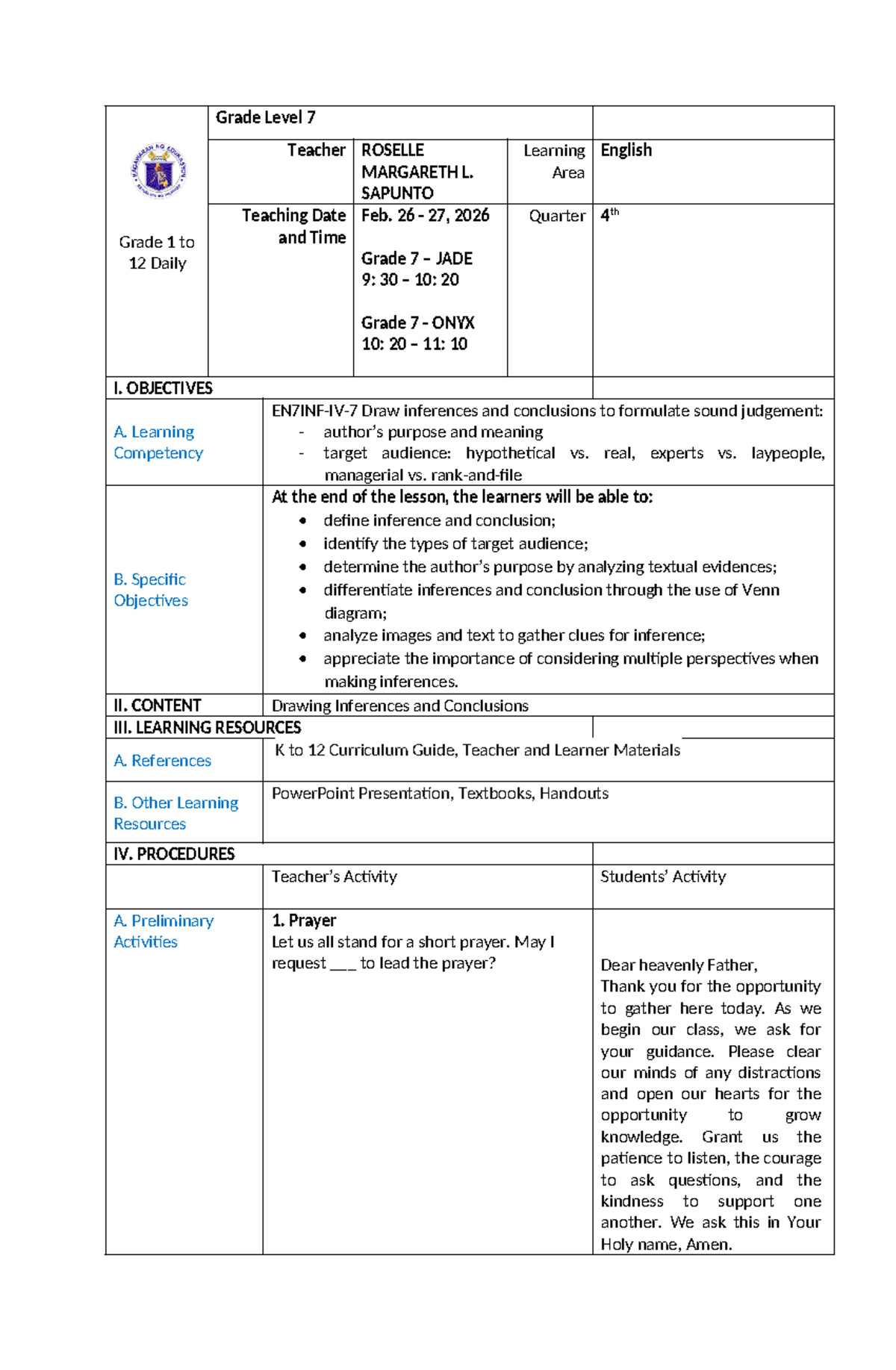 Grade 7 LP(11) - Drawing Inferences and Conclusions Lesson Plan - Studocu