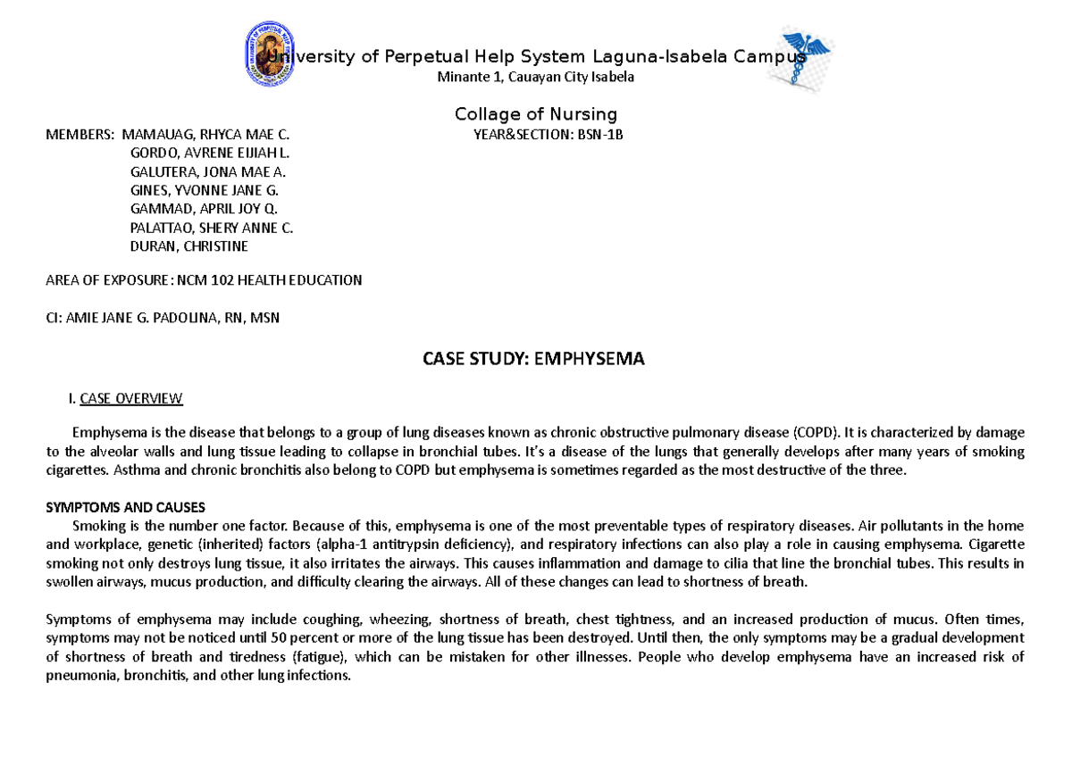 NCM 102 Case Study on Emphysema: Overview, Diagnosis, & Interventions - Studocu