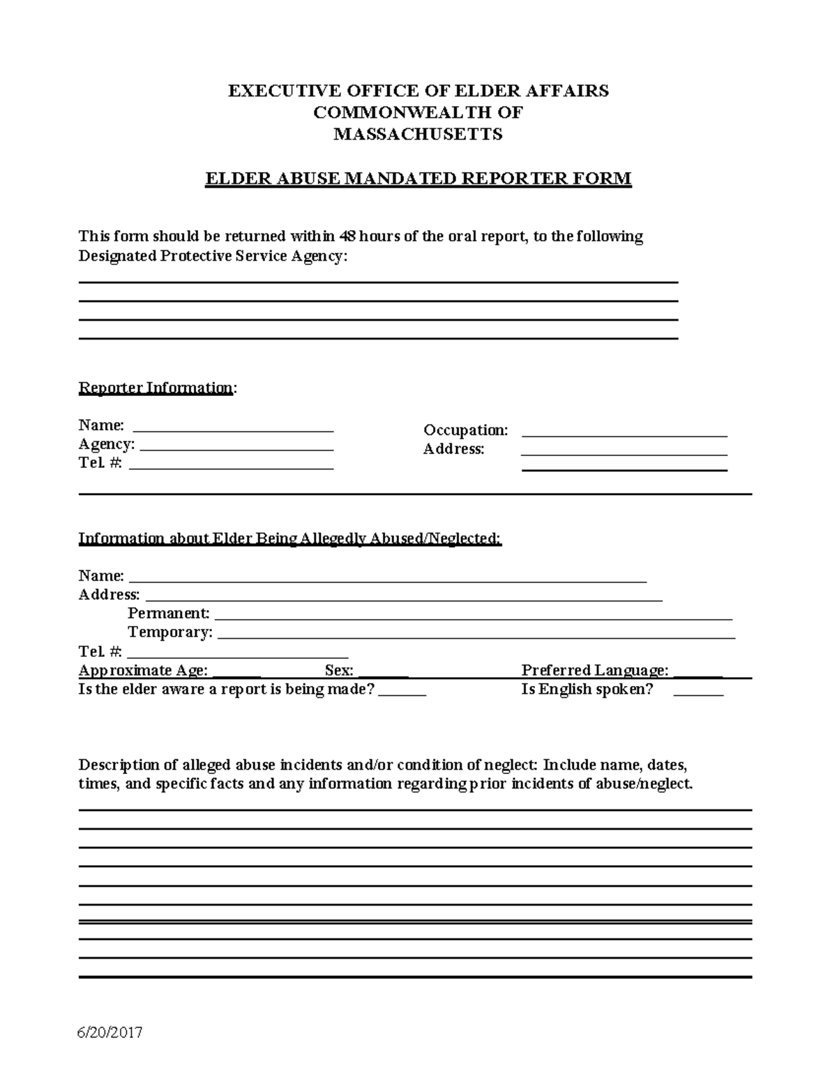 Elder Abuse Mandated Reporter Form - MA Executive Office - Studocu