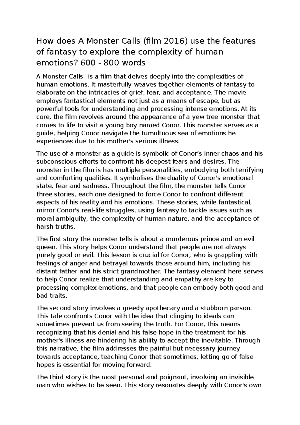 A Monster Calls (2016) Assignment: Exploring Fantasy & Emotions - Studocu