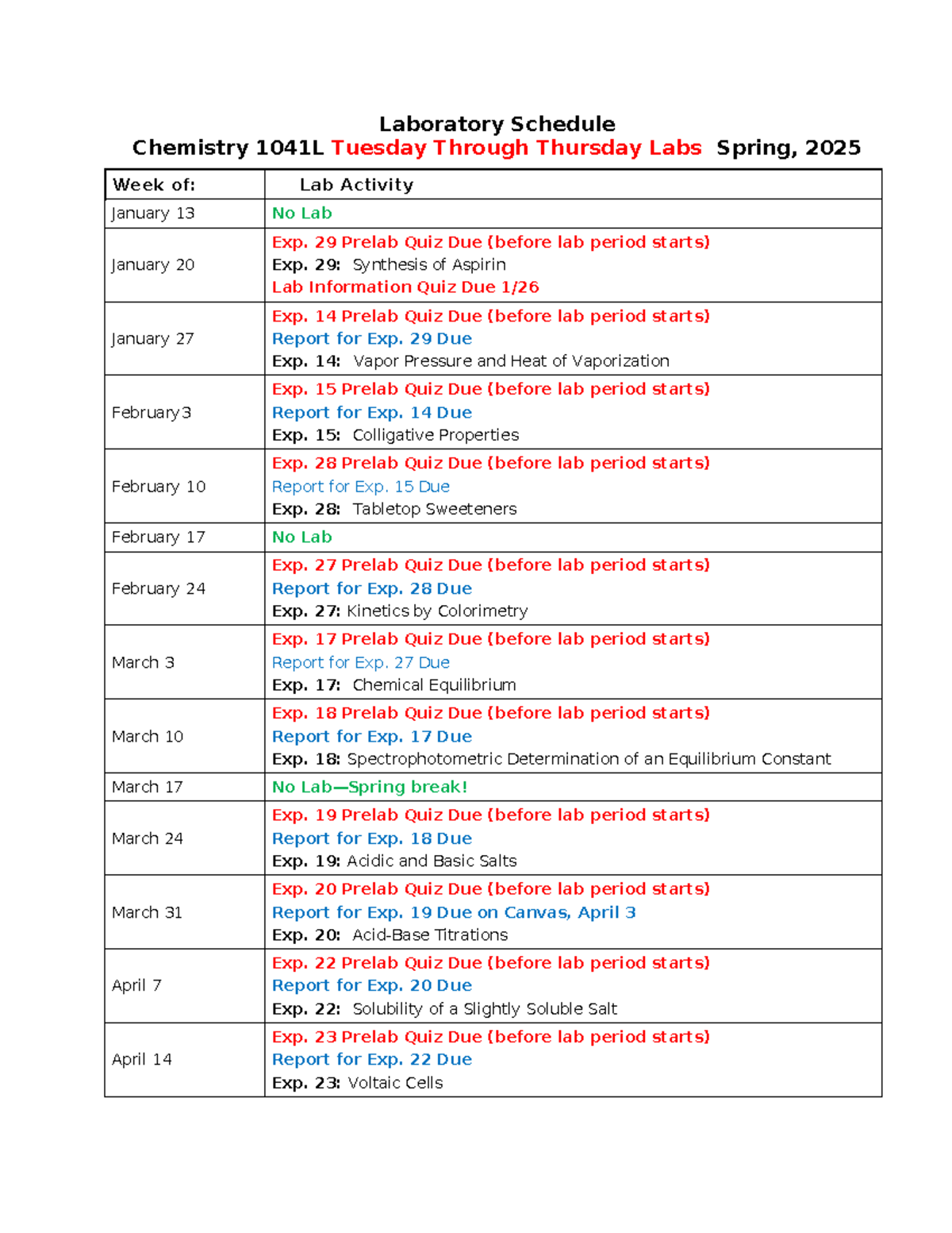 Chem 1041L Lab Schedule (T-R) Spring 2025 - Weekly Activities - Studocu