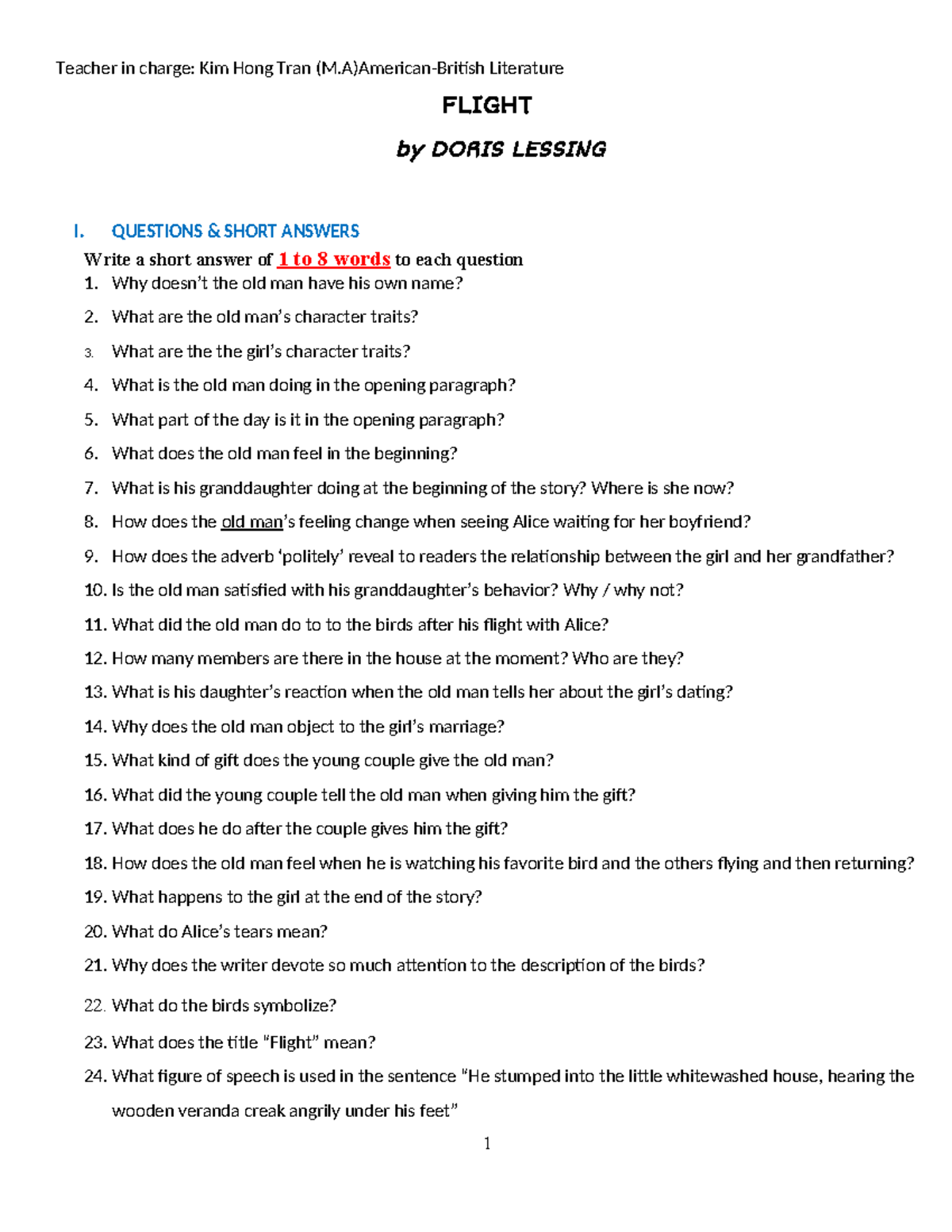 American-British Lit: Flight Questions & Short Answers - Studocu