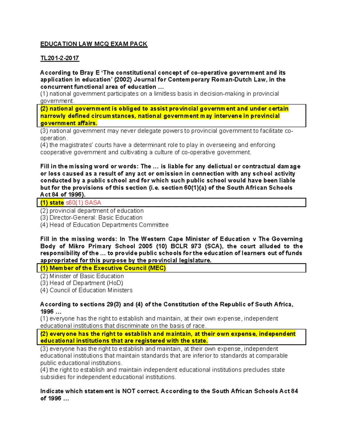 EDL3703 Final Exam Notes: Foundations of Law and Education Law - Studocu