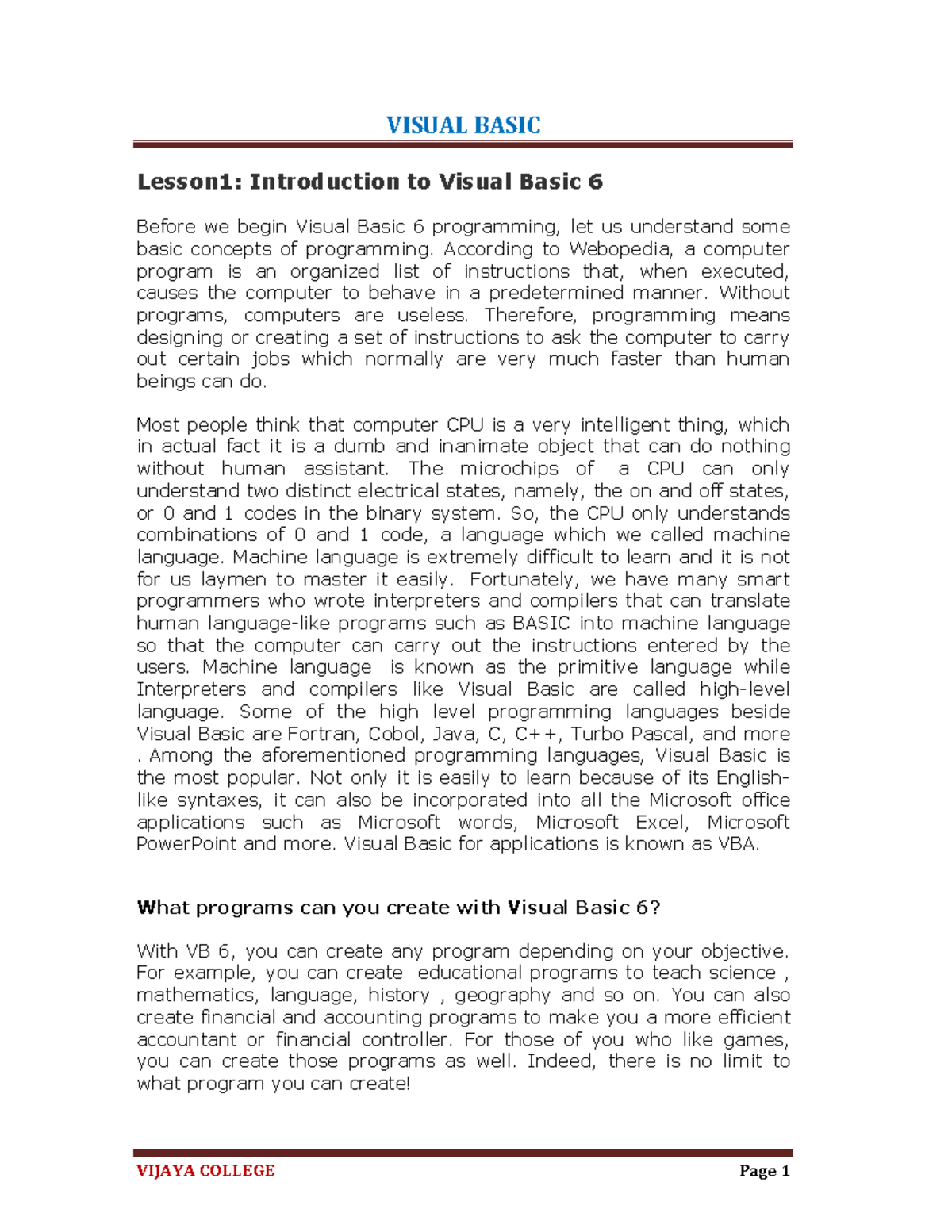 Visual basic notes - - Studocu