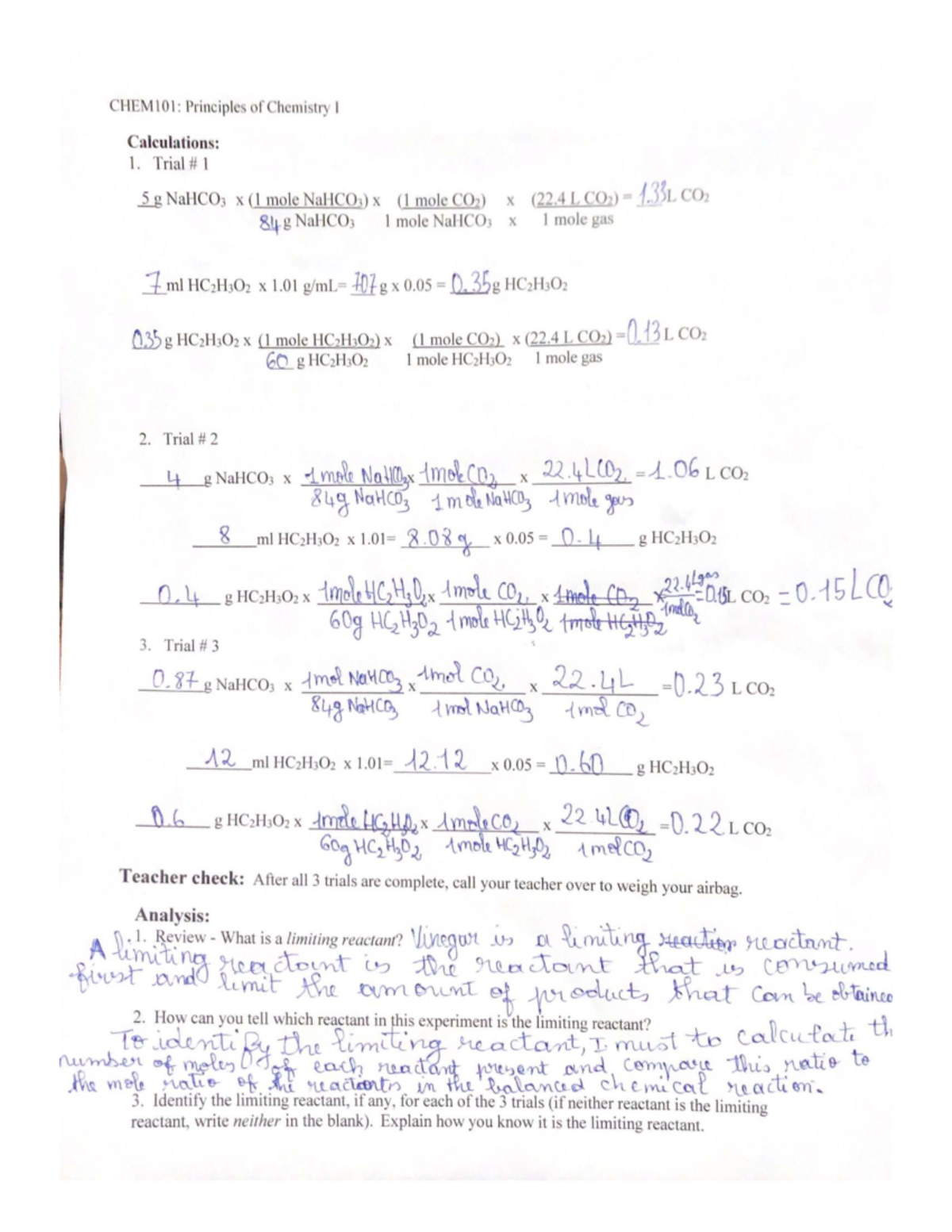 CHEM101: Lab 7 - Limiting Reactants in Acid-Base Reactions - Studocu
