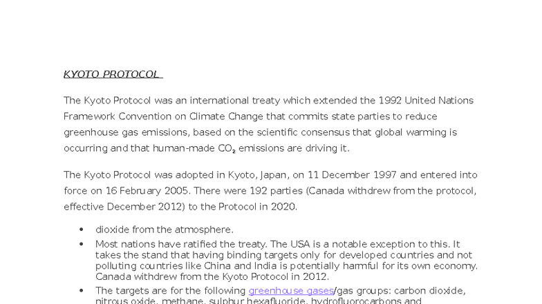 KYOTO PROTOCOL: An Overview of Climate Change Commitments - Studocu