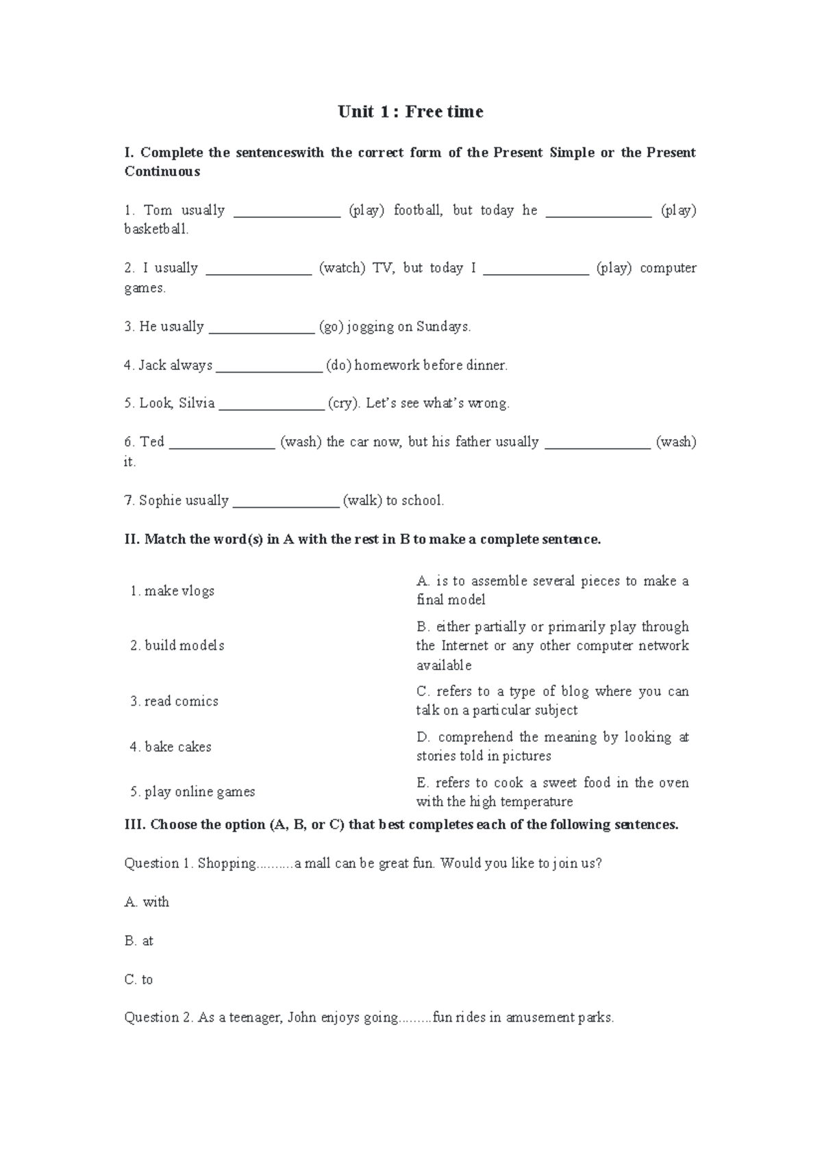 Unit 1 - Vocabulary Test: Present Simple & Continuous - Studocu
