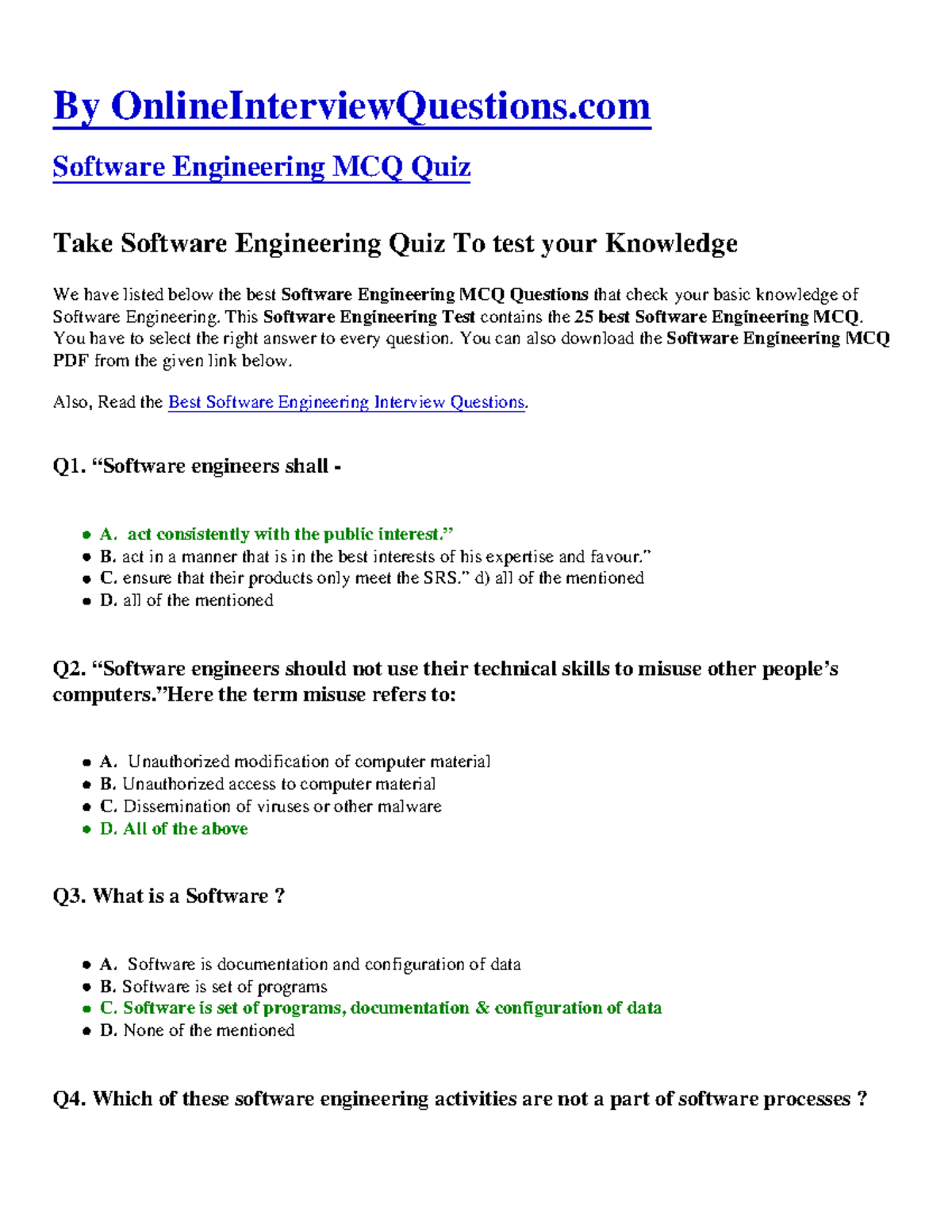 Example-SE-mcq-midterm - By OnlineInterviewQuestions Software Engineering MCQ Quiz Take Software ...