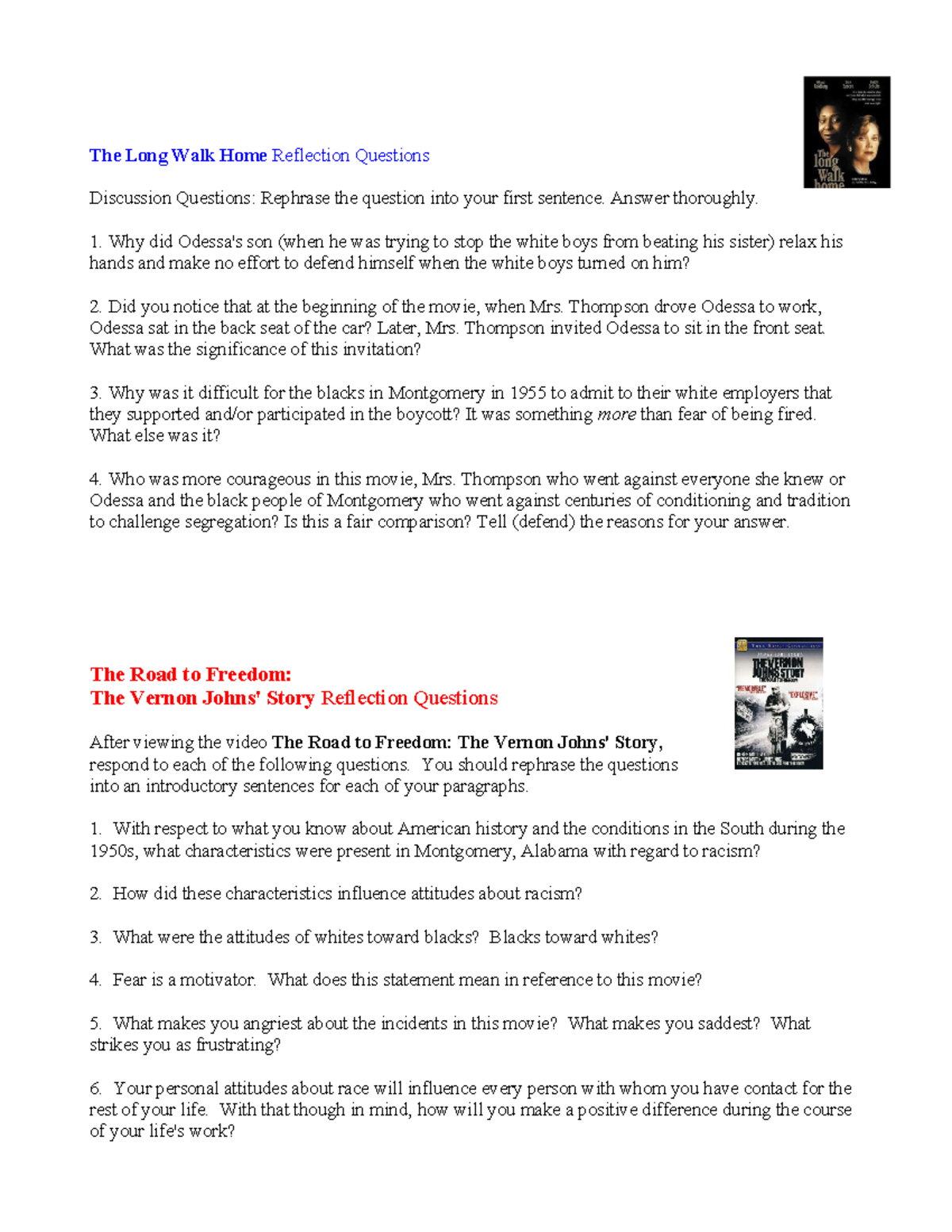 The Road to Freedom & The Long Walk Home Discussion Questions ...