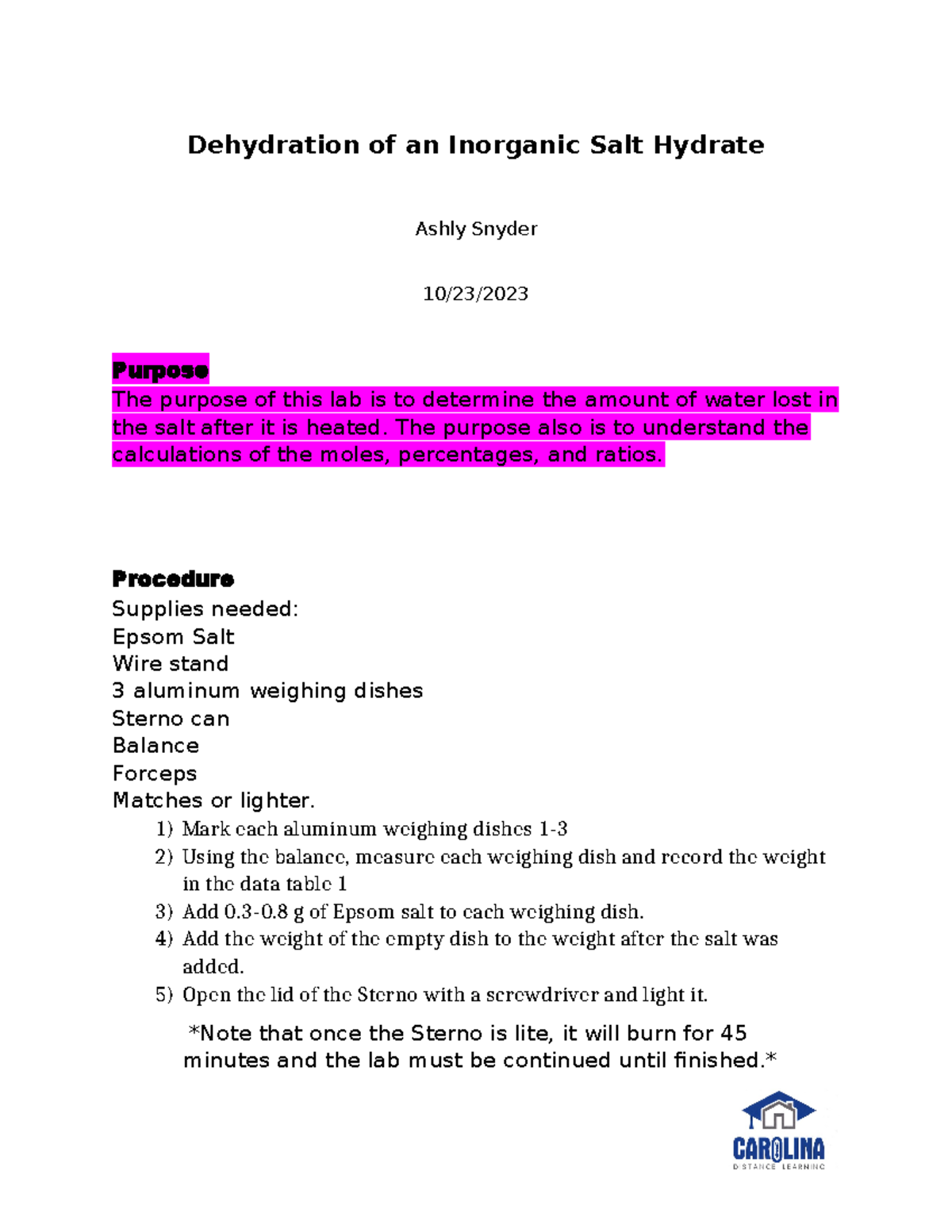 **DYS 10/23 Dehydration of Epsom Salt Lab Report and Analysis** - Studocu