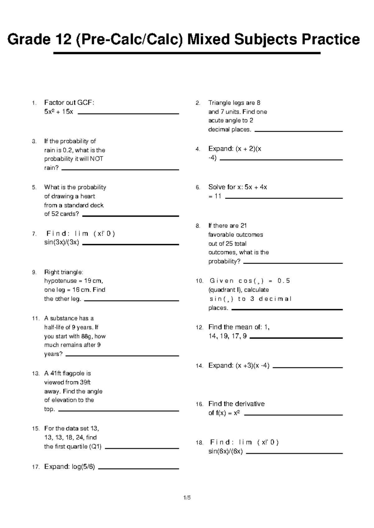 Math 1LS3 Grade 12 Practice Questions: Mixed Topics Recap - Studocu
