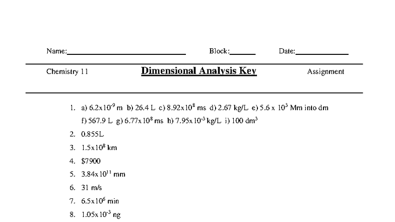 Chemistry 11 Assignment 1: Dimensional Analysis Key Worksheet - Studocu