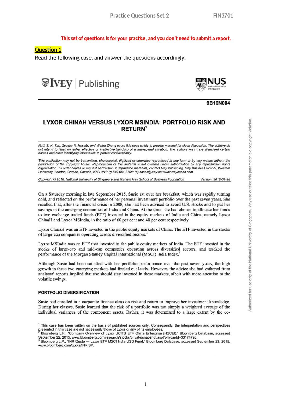 Practice Questions Set 2 for FIN3701: Portfolio Analysis and NPV ...