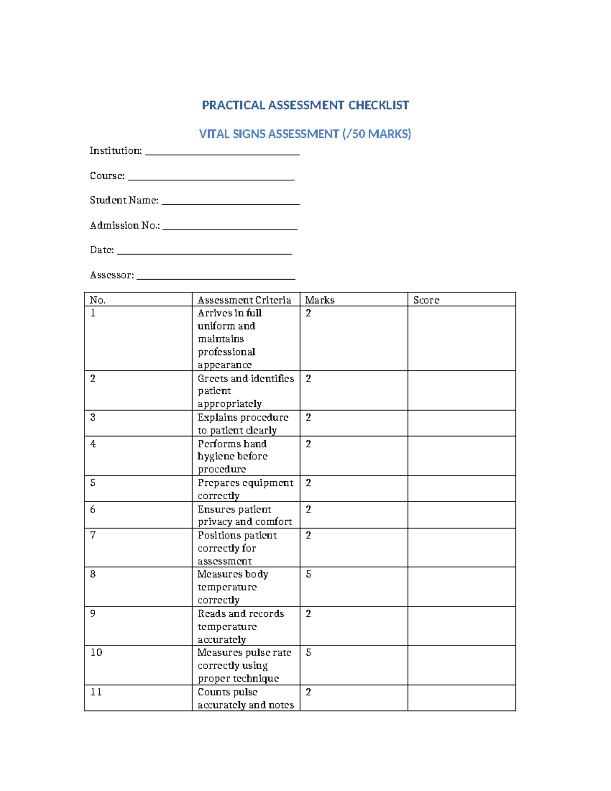 2205 Vital Signs Practical Assessment Checklist for Marks - Studocu