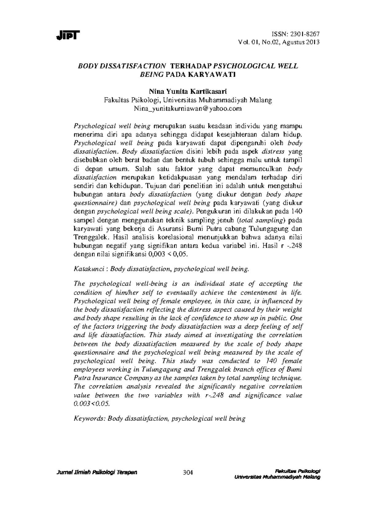 BODY Dissatisfaction dan Psychological Well-Being pada Karyawati - Studocu
