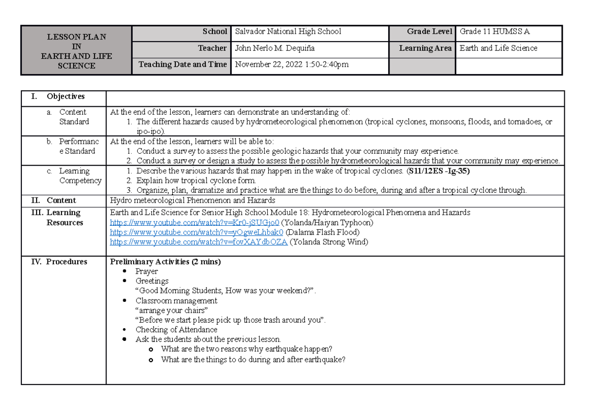Hydrometeorological Phenomenon and Hazards - LESSON PLAN IN EARTH AND ...