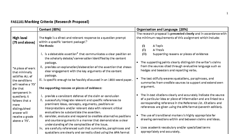 FAS1101 research proposal marking rubric - FAS1101 Marking Criteria ...