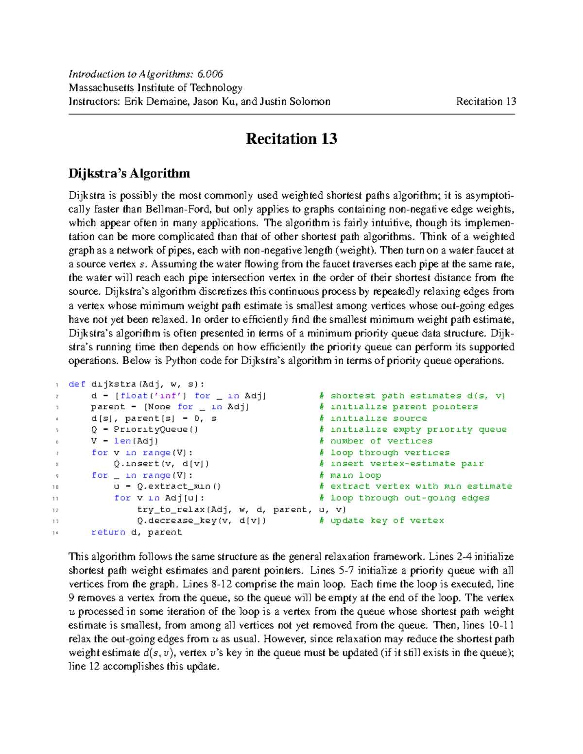 Dijkstra's Algorithm Recitation 13: 6.006 MIT Lecture Notes - Studocu