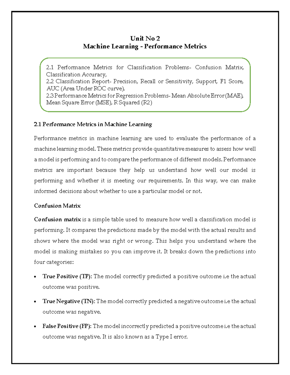 Unit 2 ML Performance Metrics: Classification & Regression Analysis ...