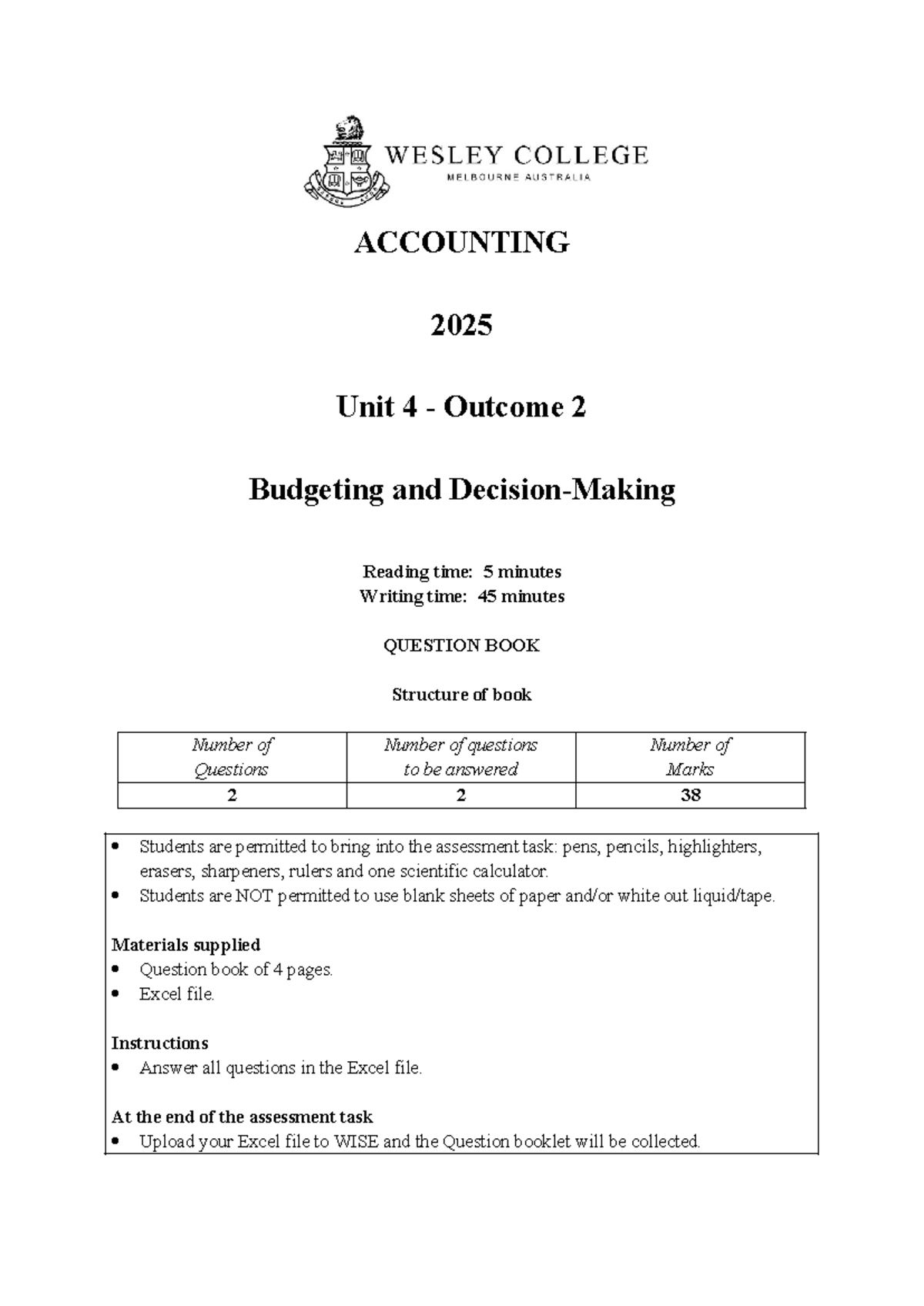 2025 ACCOUNTING Unit 4 AOS 2 Budgeting Practice SAC Guide - Studocu