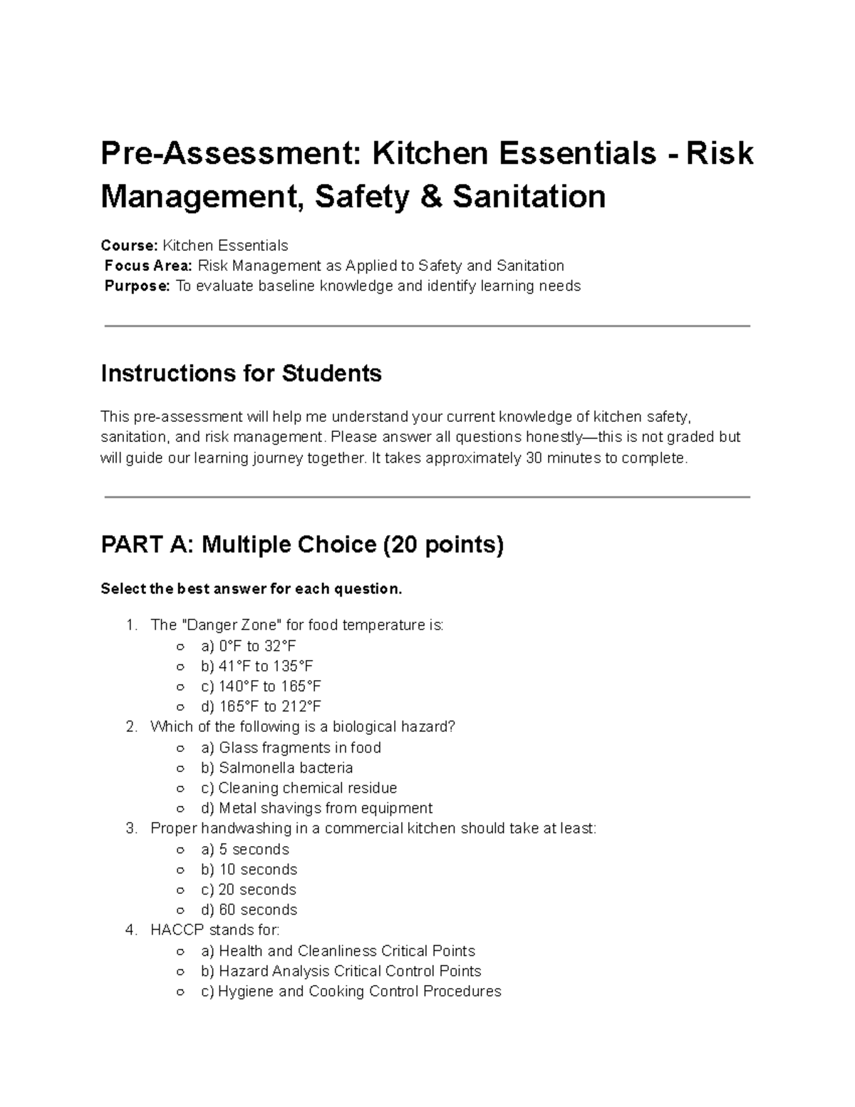 Kitchen Essentials Risk Management: Pre-Assessment for Safety ...