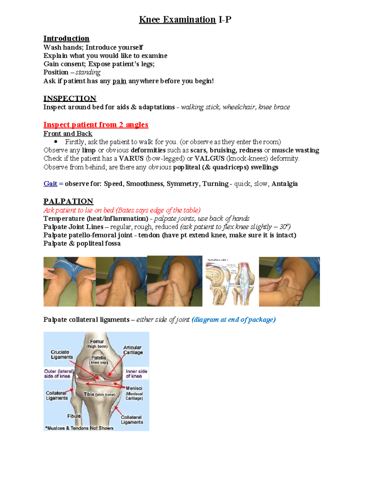 KNEE Examination Guide: Techniques and Assessment Procedures - Studocu