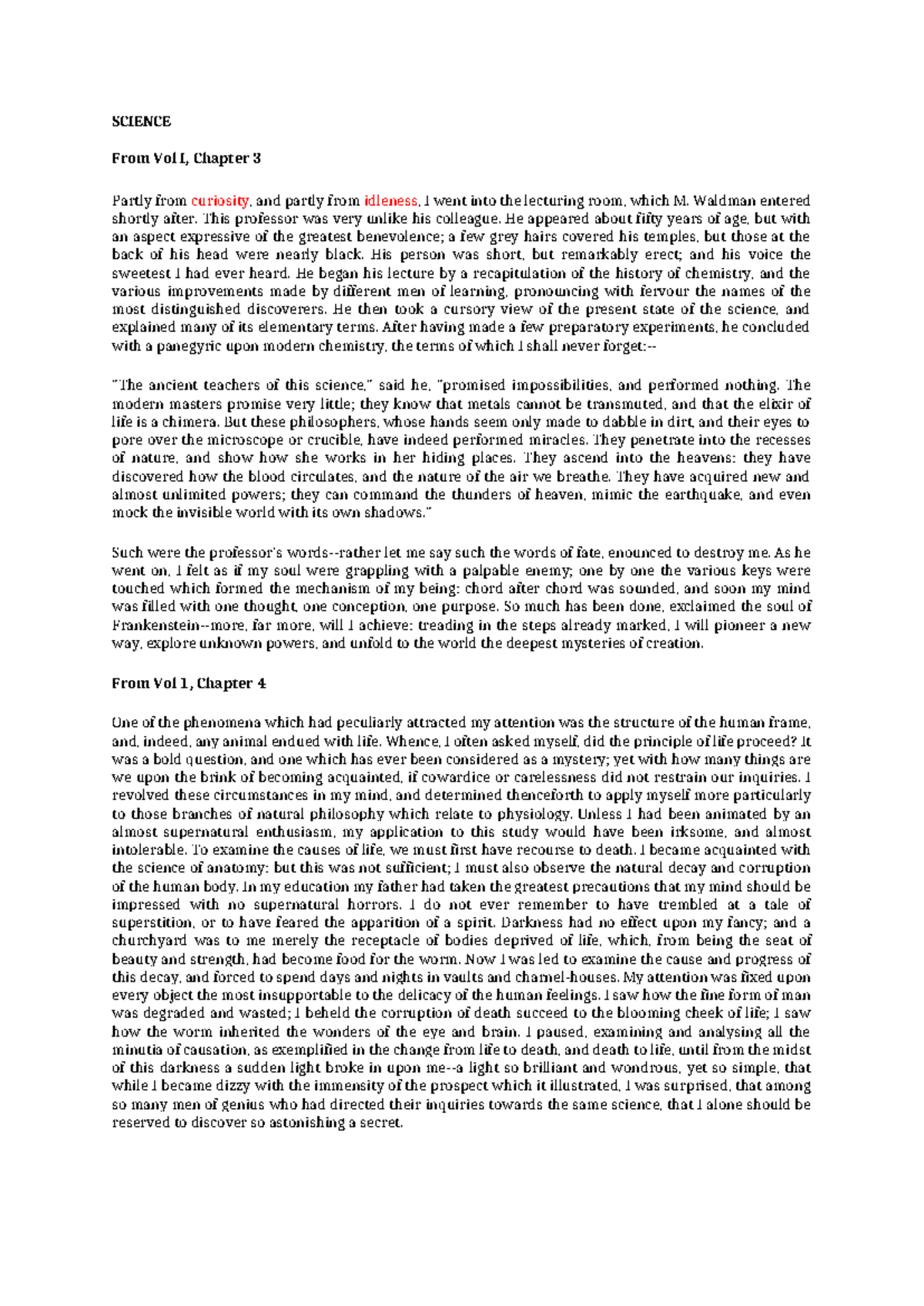 Frankenstein Lesson 24: Close Reading of Key Extracts from Vol I & II ...