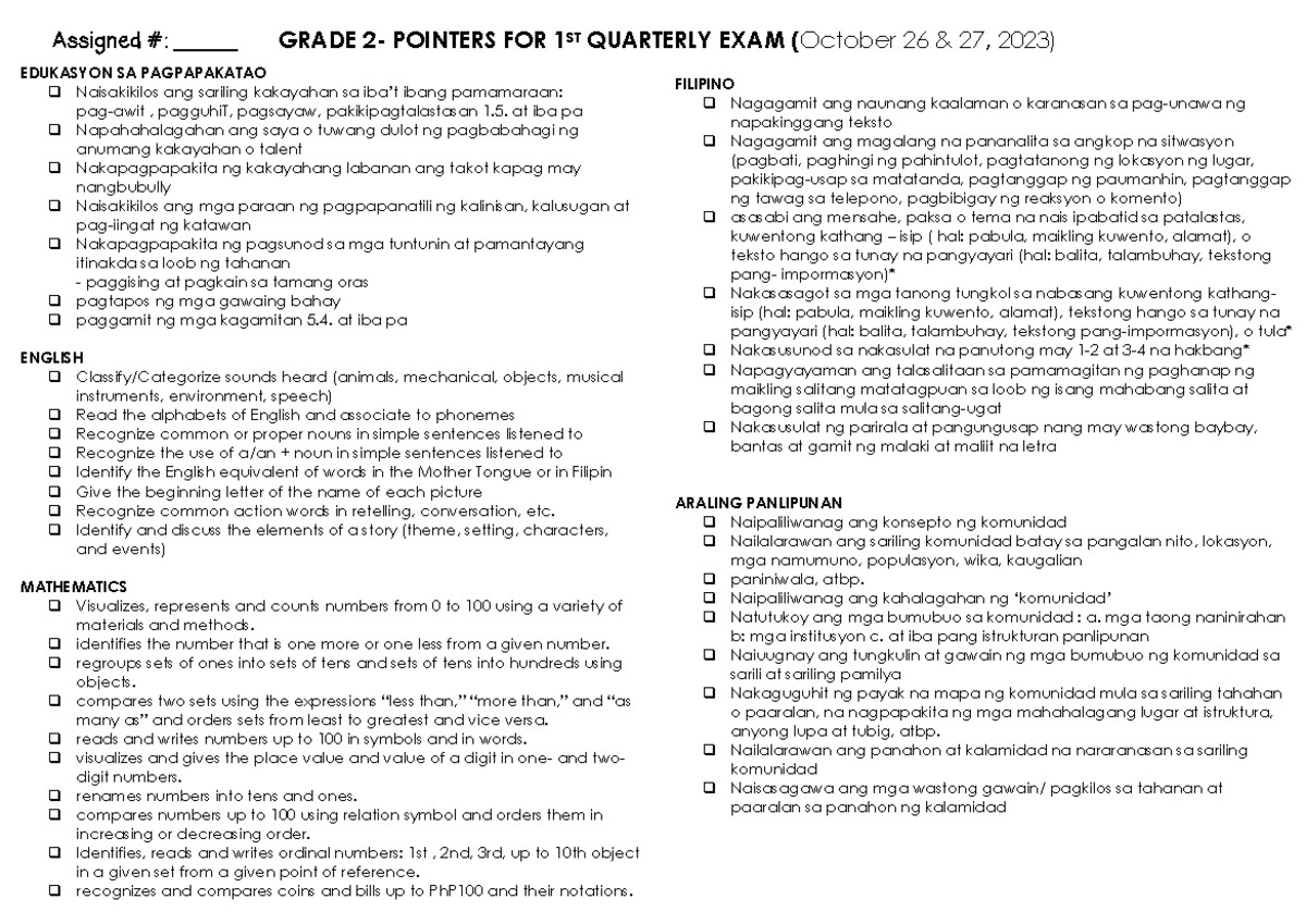 Pointers for Grade 2 1st Q Exam Review (October 2023) - Studocu
