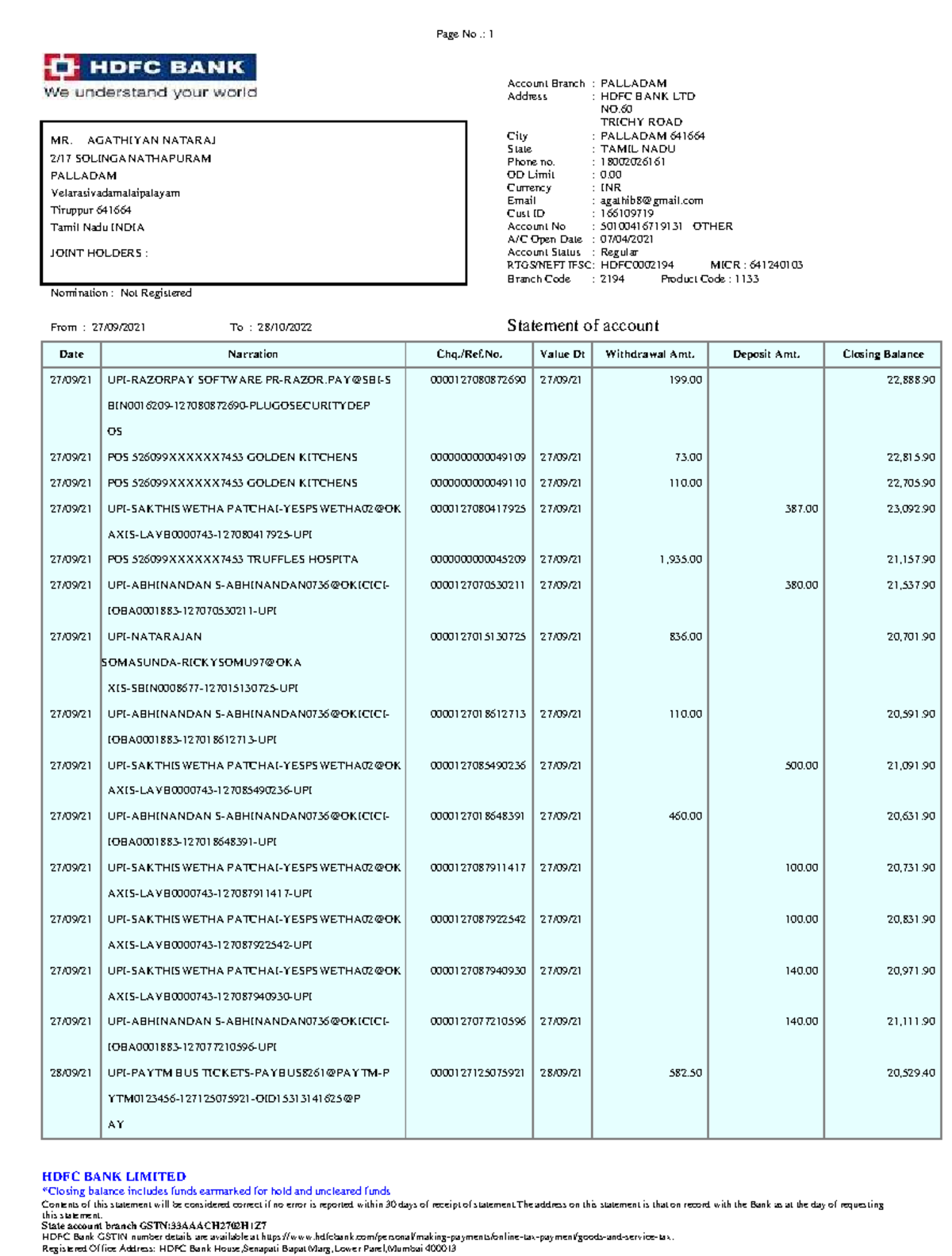 HDFC Bank Statement Overview (27/09/21 - 28/10/22) - Studocu