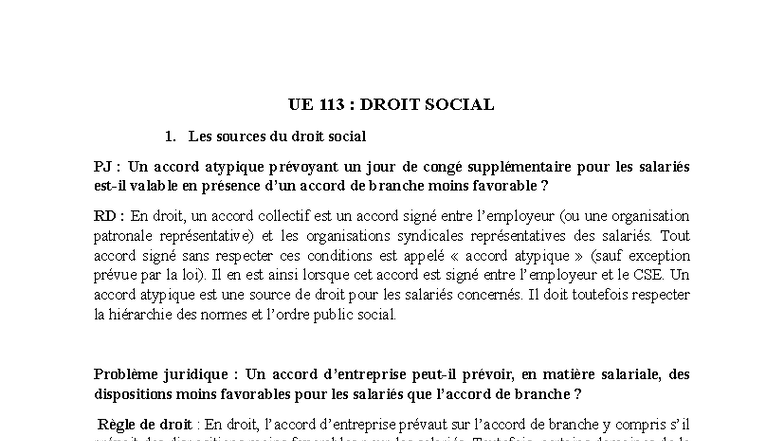 UE 113 : DROIT SOCIAL 1 - Fiche de Lecture et Analyse des Accords ...