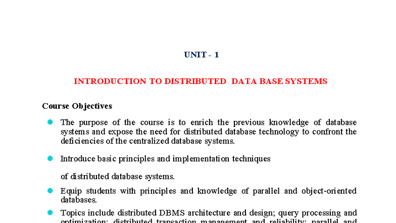 DDB 101: Introduction to Distributed Database Systems - Unit 1 Overview - Studocu