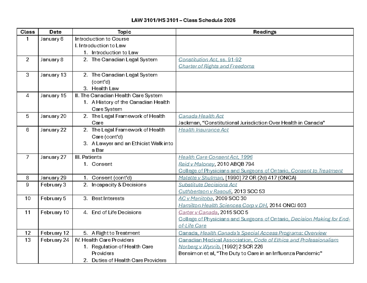 LAW 3101 Class Schedule 2026: Course Outline and Topics - Studocu