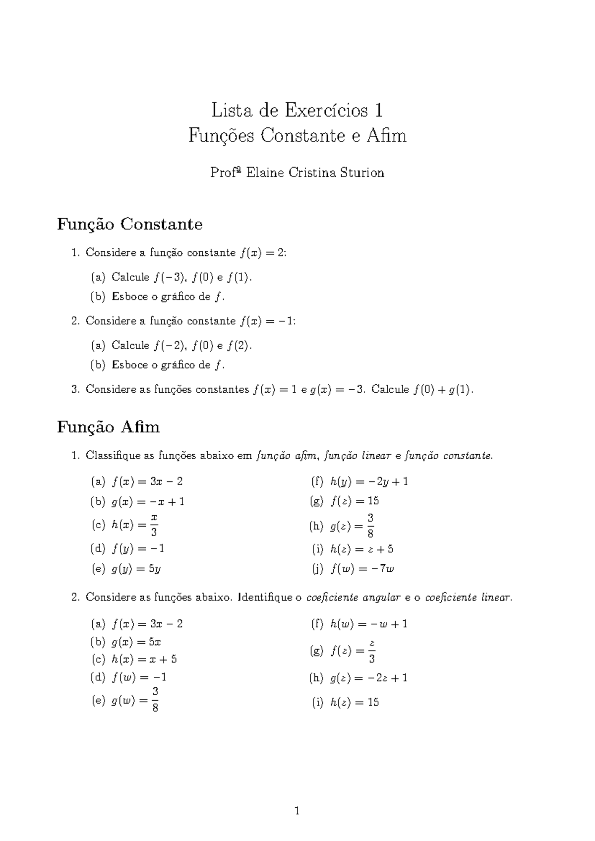 Lista de Exercícios 1 - Funções Constante e Afim - ADM - Studocu