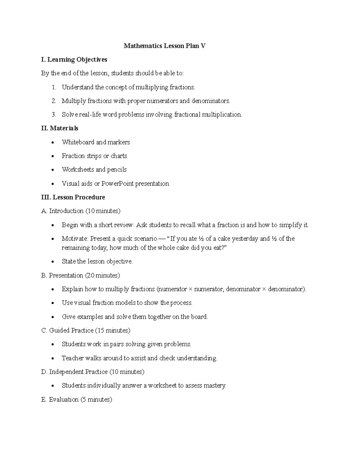 Mathematics Lesson Plan: Multiplying Fractions V - Studocu