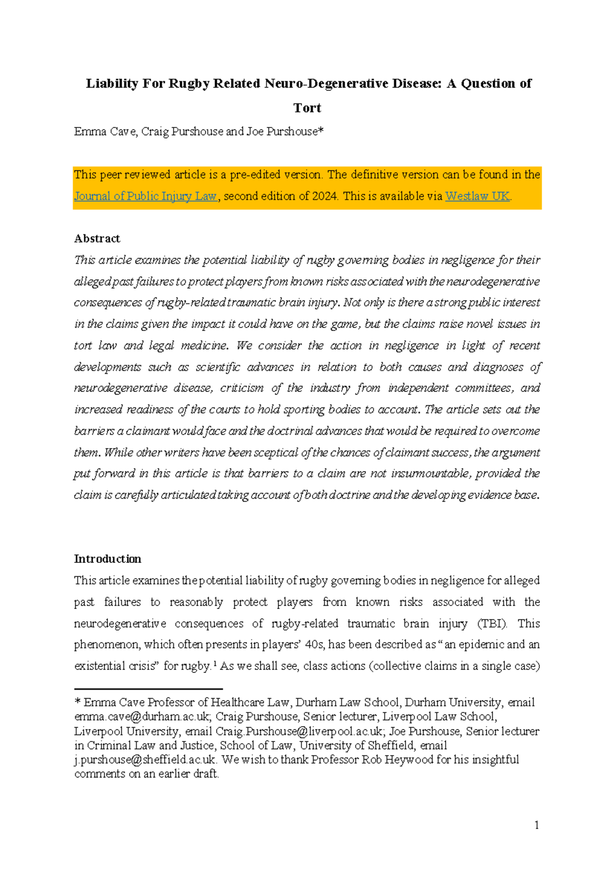 RUGB 101: Liability for Rugby-Related Neuro-Degenerative Diseases - Studocu
