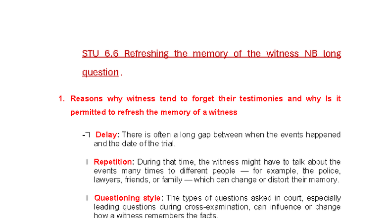 STU 6.6 Witness Memory Refreshing: Key Concepts & Requirements - Studocu