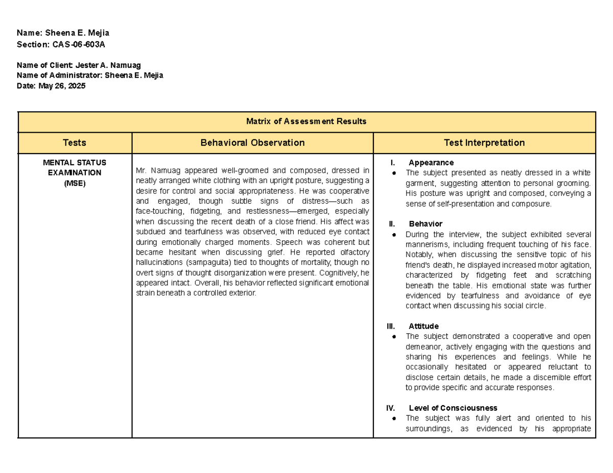 Mejia, Sheena E - MSE & Assessment Results for Jester A. Namuag - Studocu