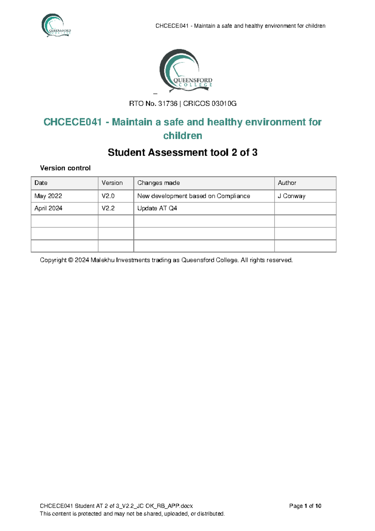 CHCECE041 Assessment Tool 2 of 3: Safe & Healthy Environment for ...