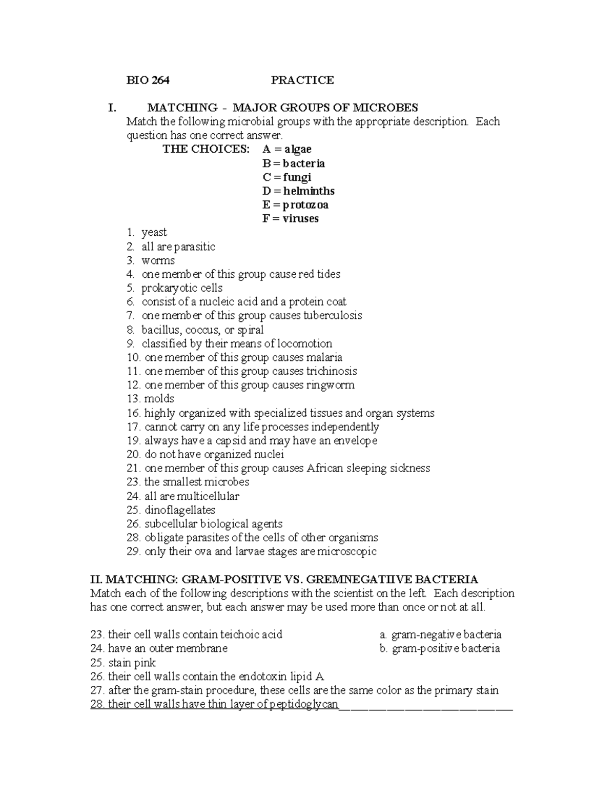 BIO 264 I. Practice Matching Major Microbial Groups & Gram-Negative ...