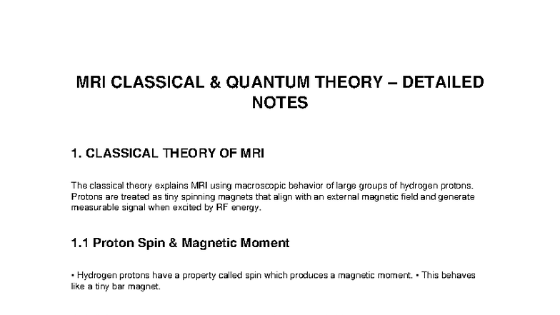 MRI Detailed Notes: Classical vs Quantum Theory Analysis - Studocu