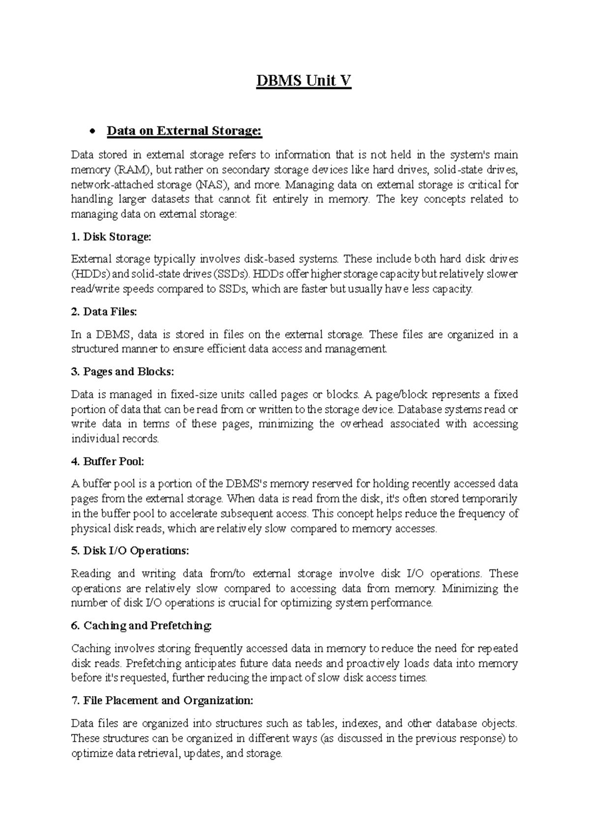 DBMS Unit 5: Managing Data on External Storage and File Organization - Studocu