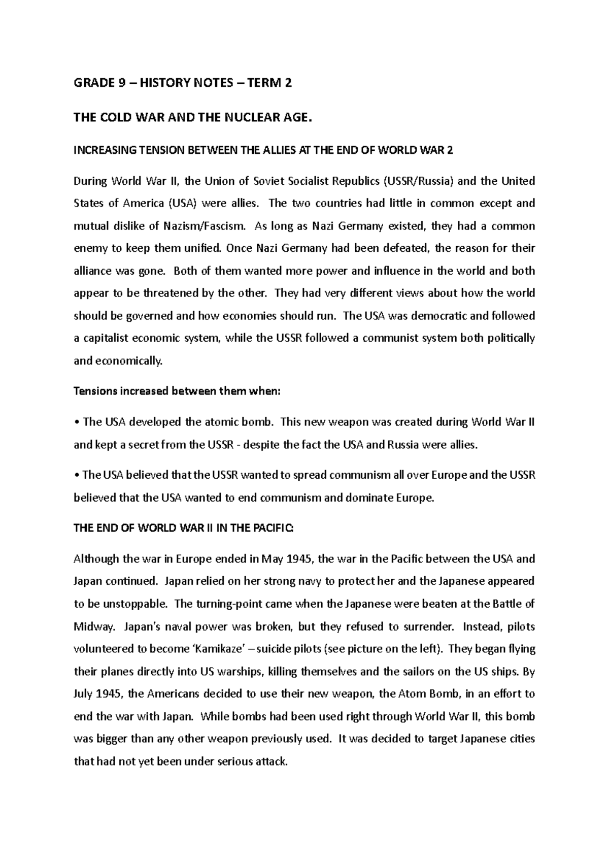 Grade 9 SS History T2 Notes: The Cold War & Nuclear Age Overview - Studocu