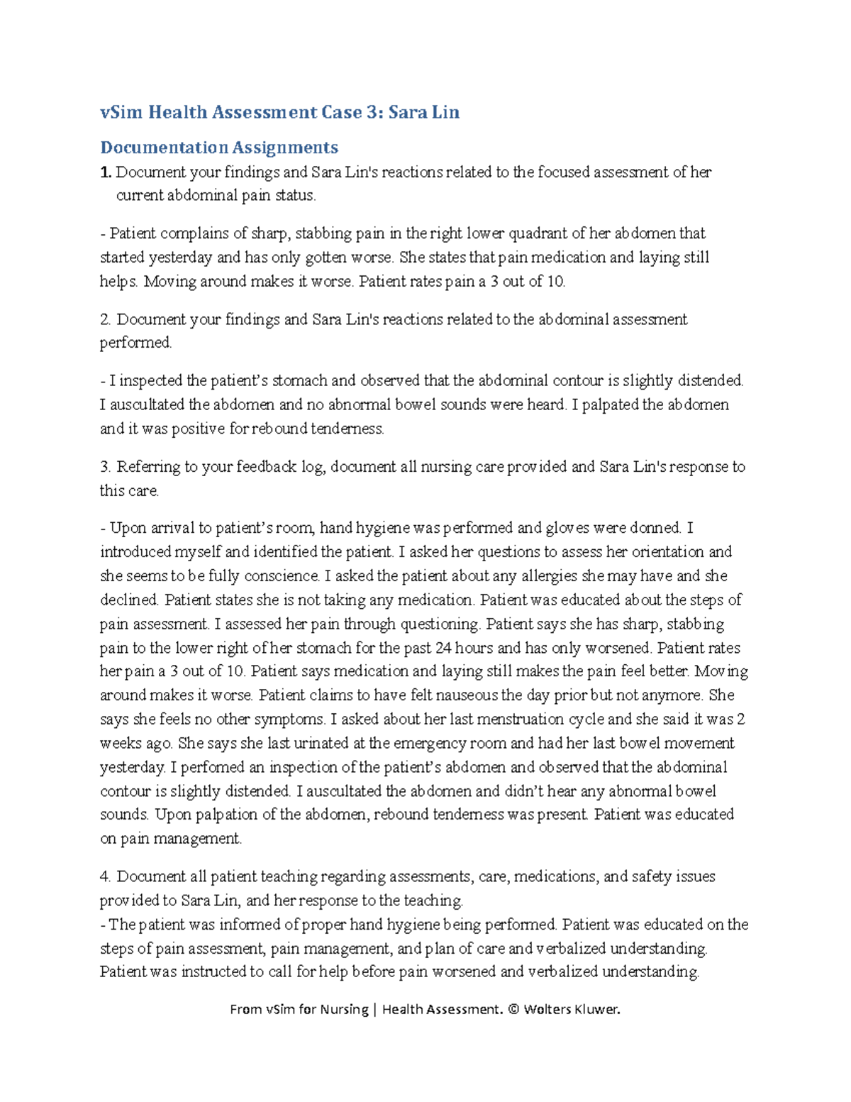 V Sim sara lin - vsim sara lin - vSim Health Assessment Case 3: Sara ...
