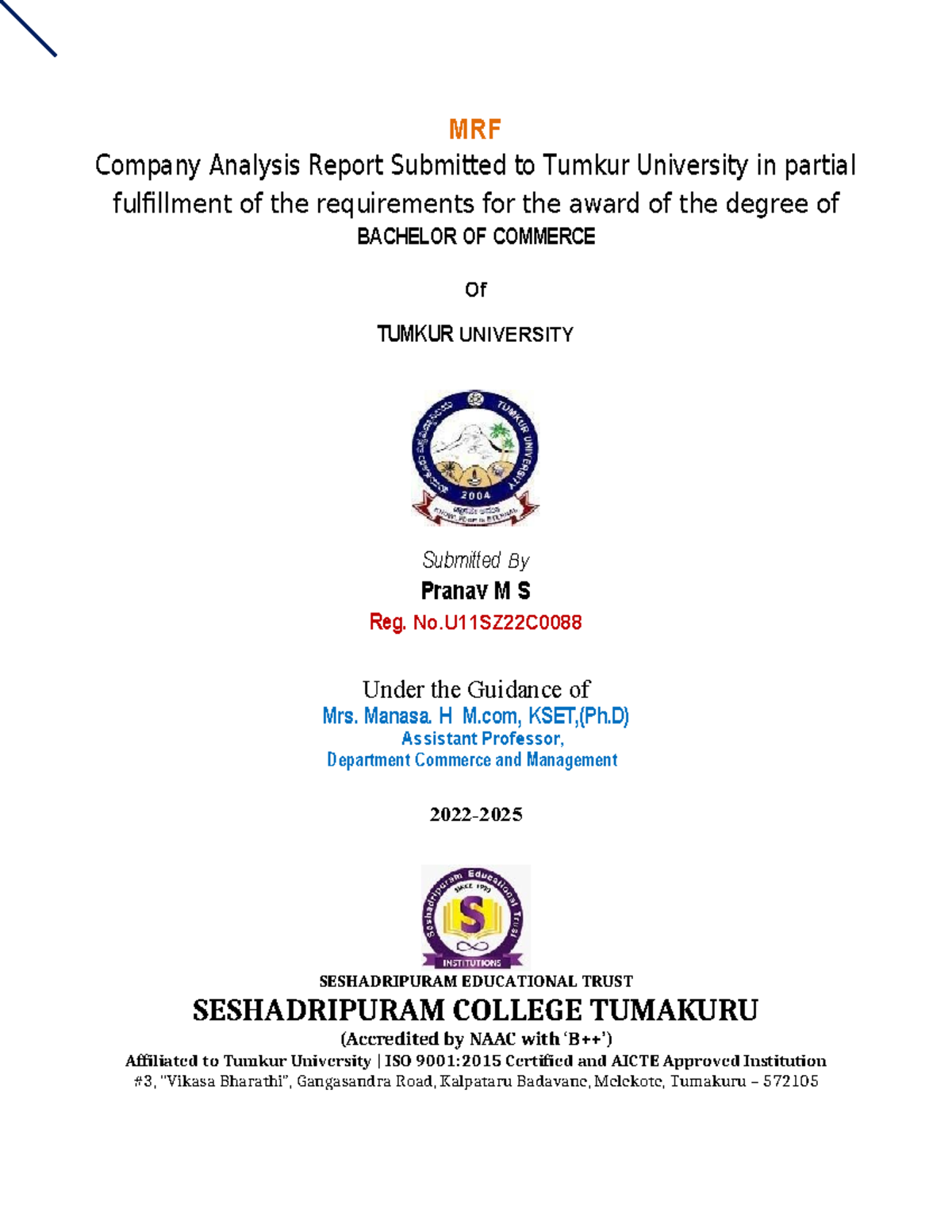 MRF Company Analysis Report - B.Com Project (U11SZ22C0088) - Studocu