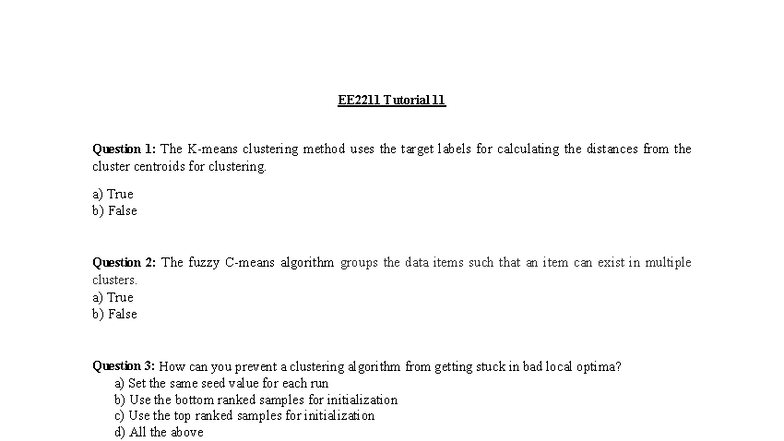 EE2211 Tutorial 11: Clustering Methods and Algorithms Questions - Studocu