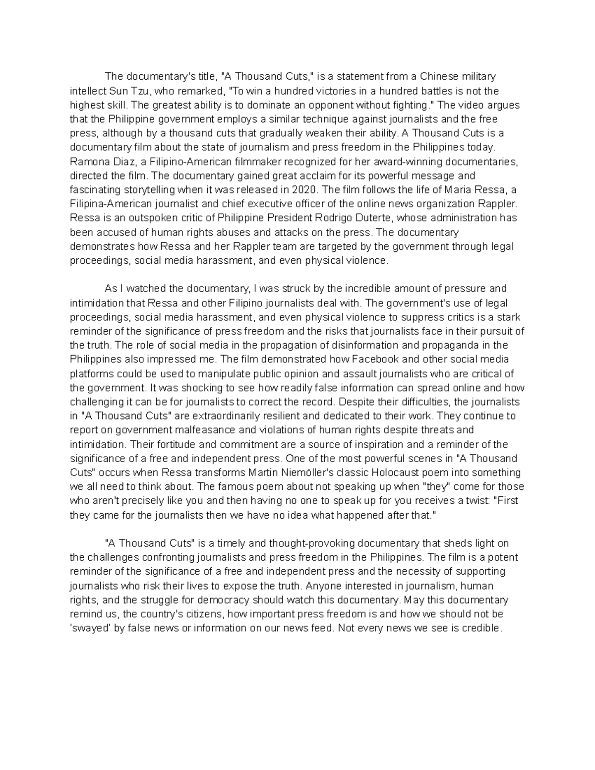 Reflection Paper A Thousand Cuts Documentary - The documentary's title ...