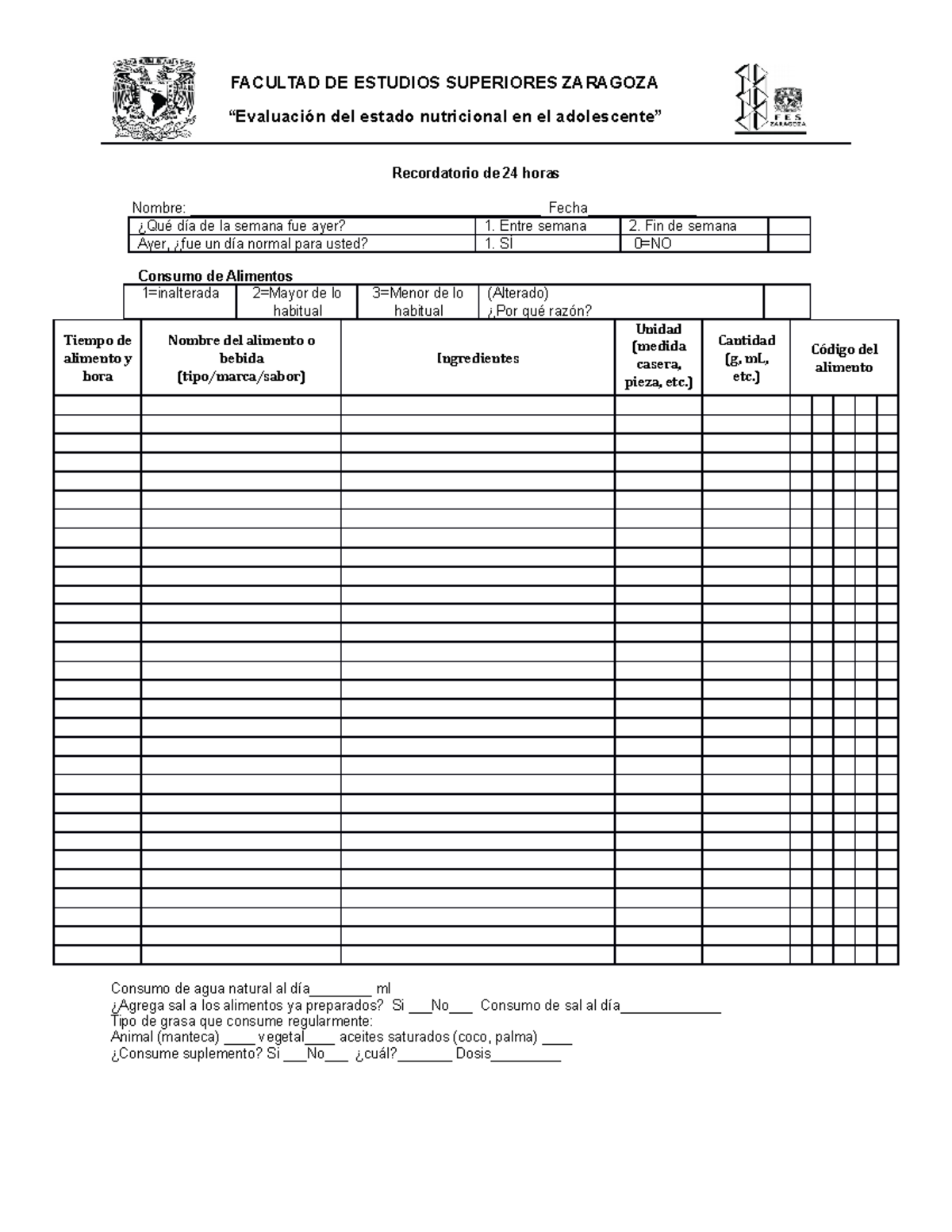 Formato Recordatorio de 24 horas: Evaluación Nutricional Adolescente ...